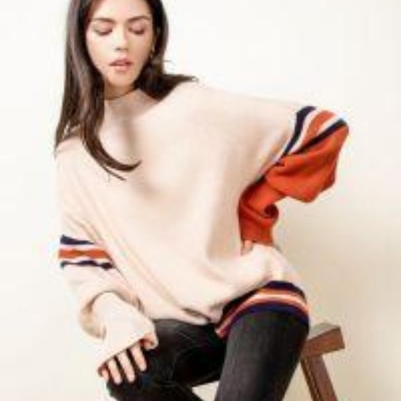 THML | Sweaters | Thml Mock Neck Peach With Navy Striped Sweater | Poshmark